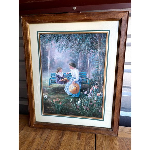 Art | Vintage Framed Victorian Garden Scene Print Woman Child Swing ...